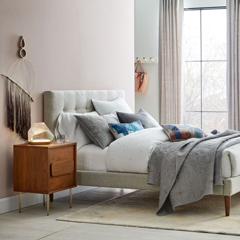 Grid-Tufted Upholstered Tapered Leg Bed - Stone (Twill) | west elm ...