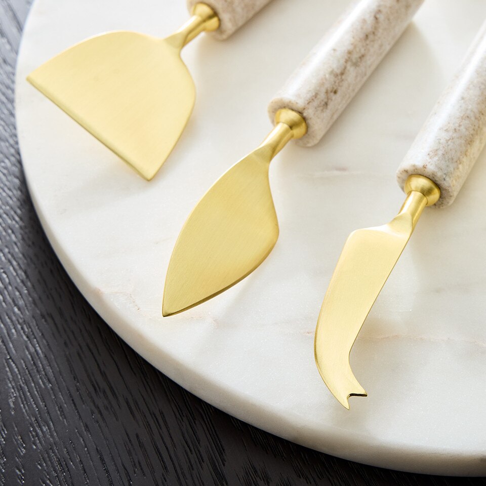 Beige Stone and Gold Travertine Cheese Knives - West Elm UK